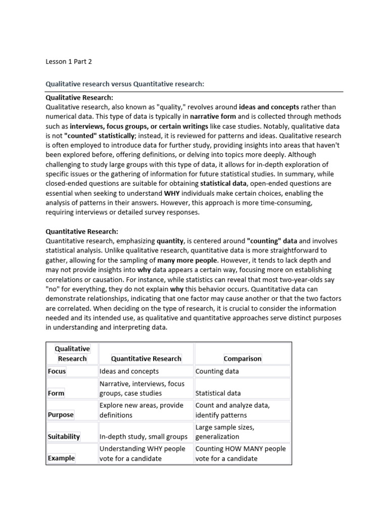 Lesson 1 Part 2 Qualitative Research Versus Quantitative Research Pdf