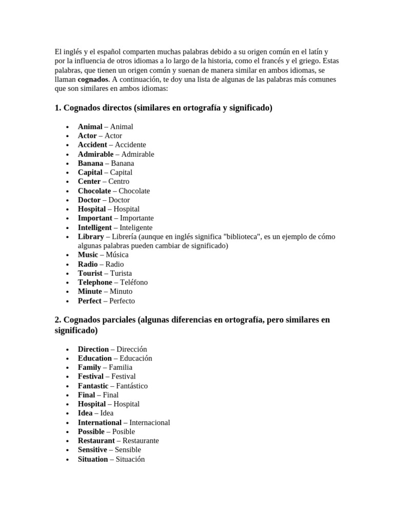 Cognados en inglés y español: guía esencial | PDF