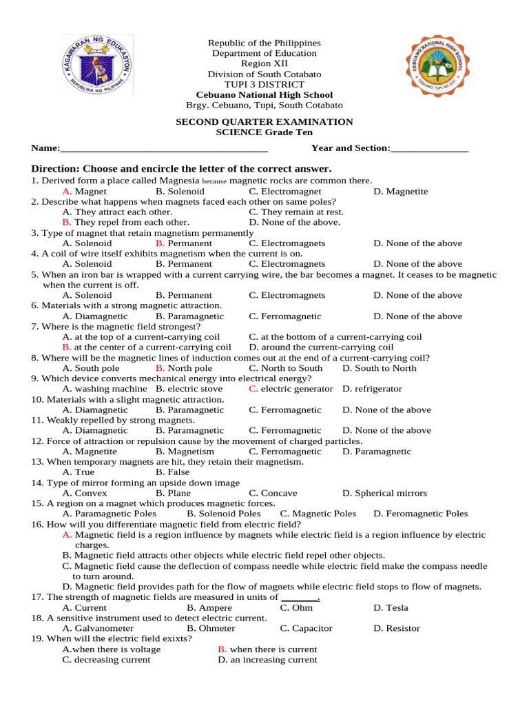 Science 10 Assessment Quarter 2 With Answer Key | PDF | Electromagnetic ...
