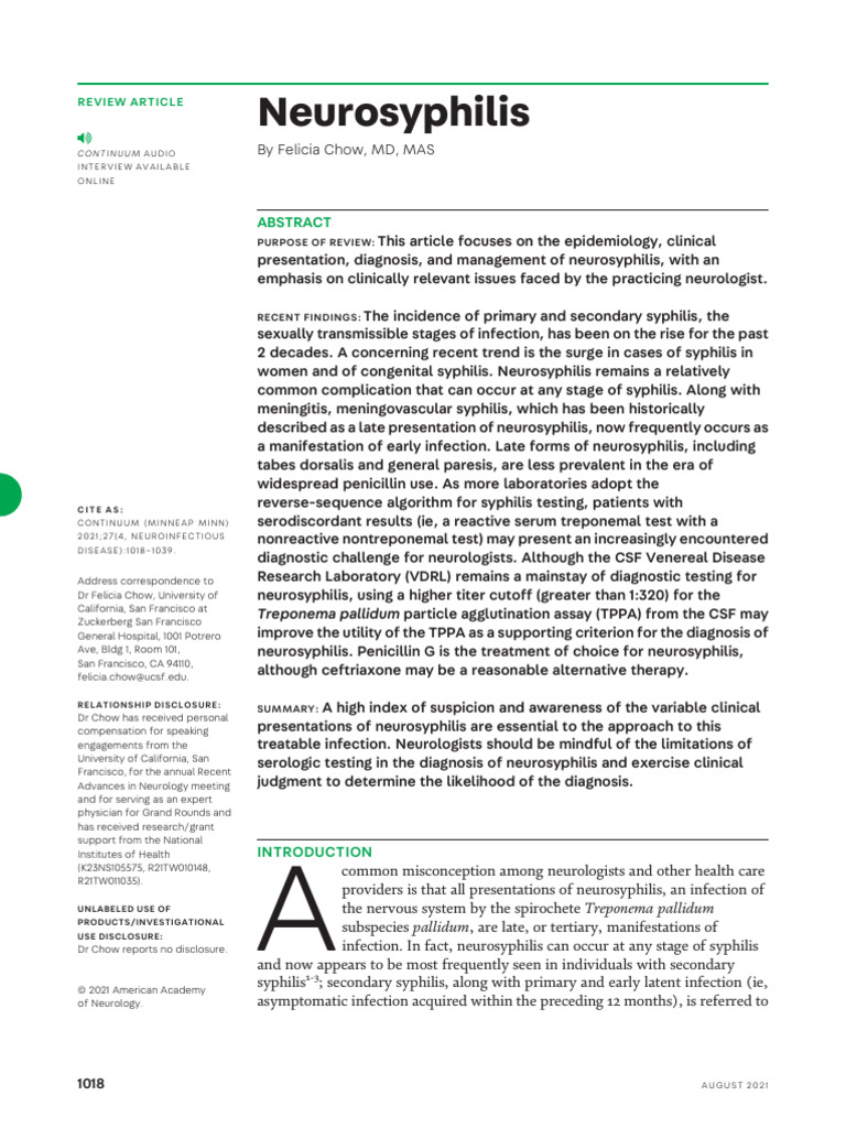 Felicia Chow Neurosyphilis 2021 | PDF | Meningitis | Diseases And Disorders