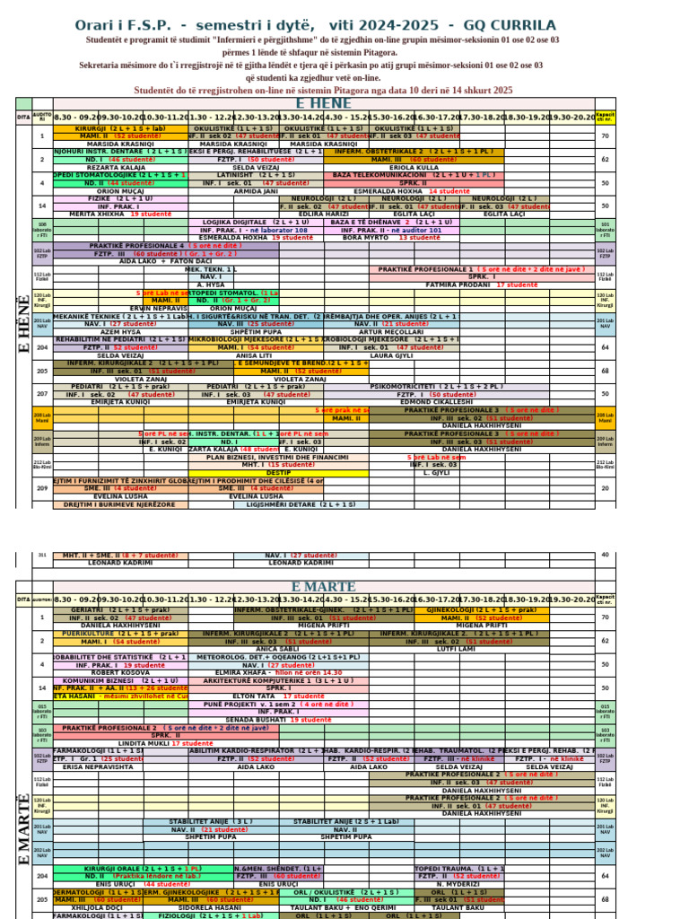 Orar FSP - Semestri 2 - Viti 2024-2025 - GQ Currila - Per DSTM | PDF