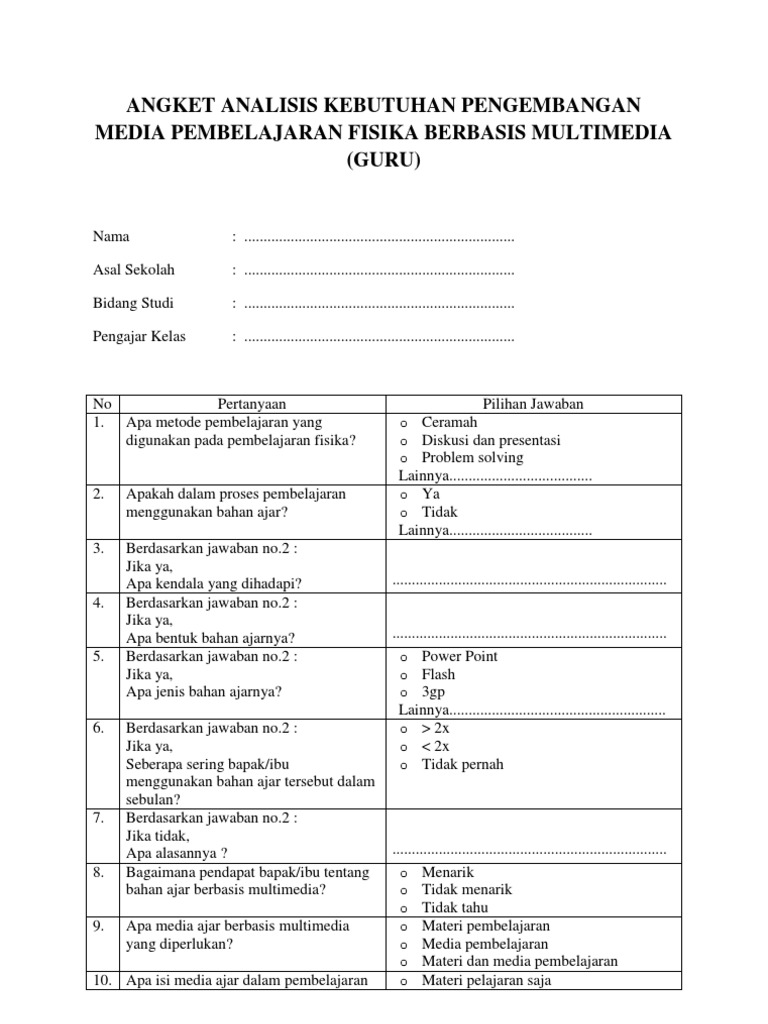 Angket Analisis Kebutuhan An Media Pembelajaran Fisika Berbasis Multimedia | PDF