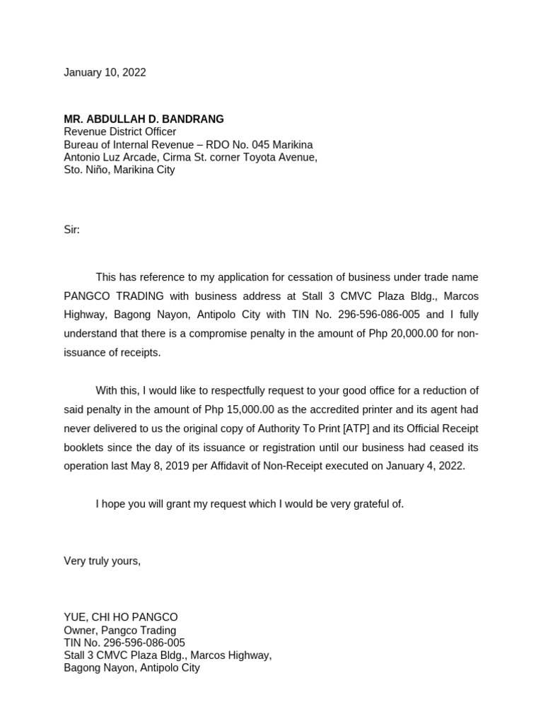 Request Letter For Reduuction of Penalties | PDF