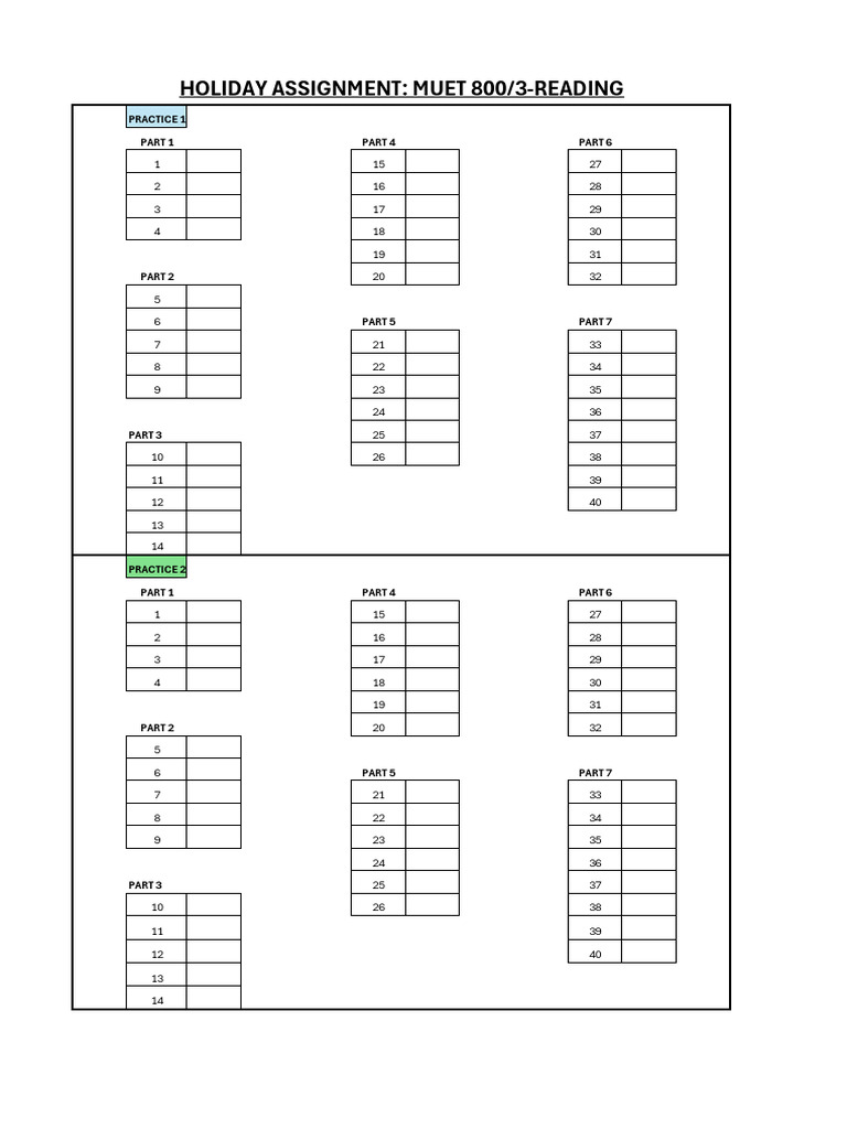 Reading Answer Sheet Holiday Homework | PDF