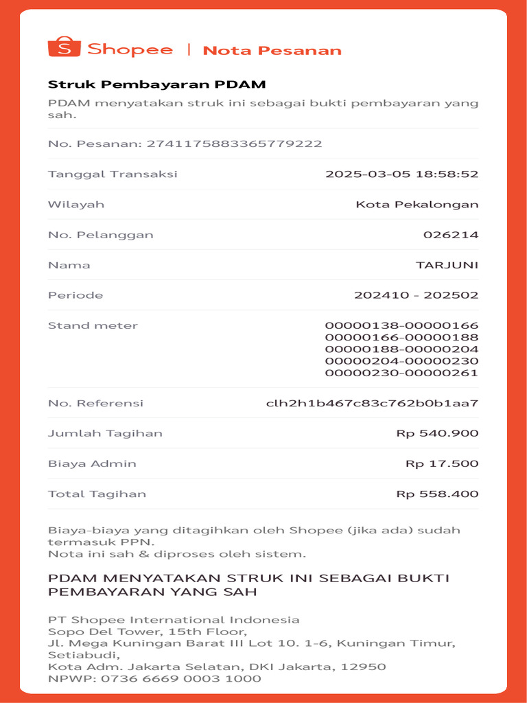 Nota Pesanan: Struk Pembayaran PDAM | PDF