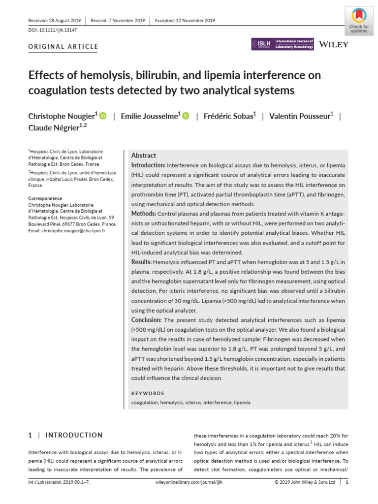 HIL Interference in Coagulation Tests | PDF | Coagulation | Blood Plasma