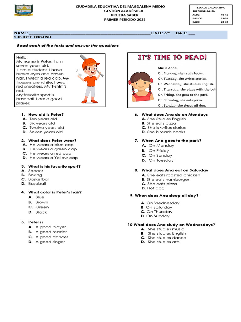 Prueba Saber de Ingles Periodo 1 Grado 5 2025 | PDF