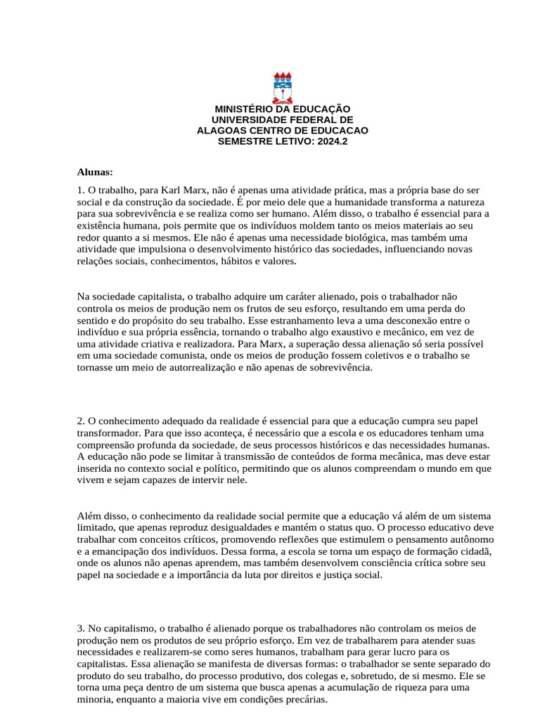 Trabalho e Alienação no Capitalismo segundo Marx | PDF | Sociologia ...