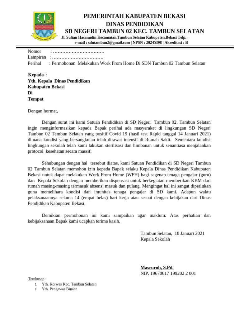 SD Tambun 2 SURAT PERMOHONAN WFH | PDF