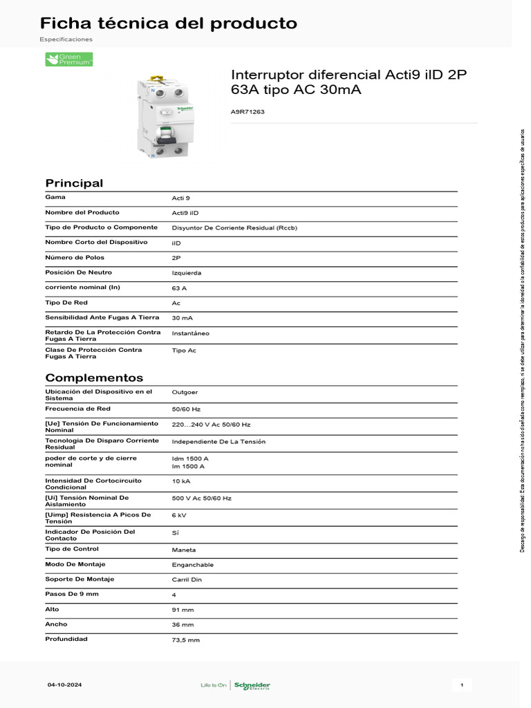 Schneider Electric - Interruptor-diferencial-Acti-iID - A9R71263 | PDF ...