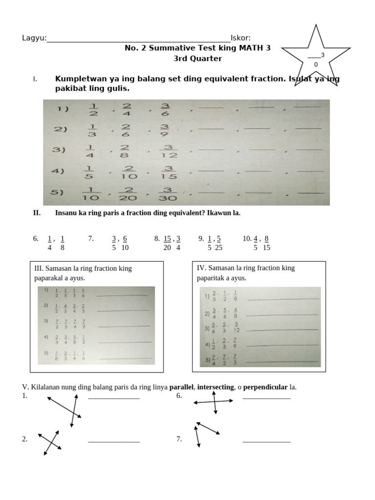 Math 3 Summative Test: Fractions & Lines | PDF | Mathematics