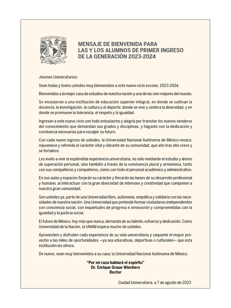 Bienvenida a Nuevos Estudiantes UNAM 2023-2024 | PDF | Universidad