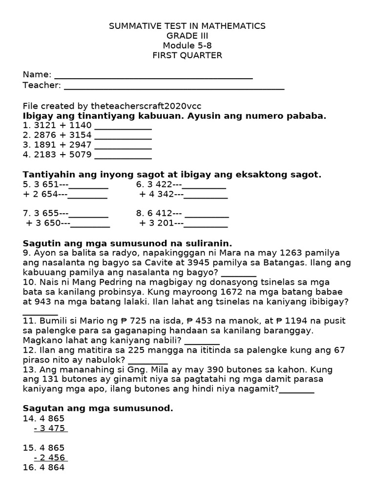 Summative Test in Mathematics | PDF