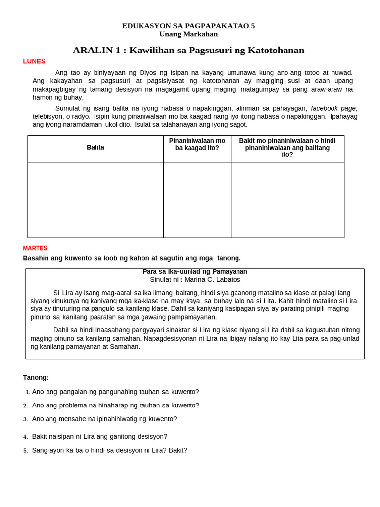 ESP Q1 Activity Sheet Week1 | PDF