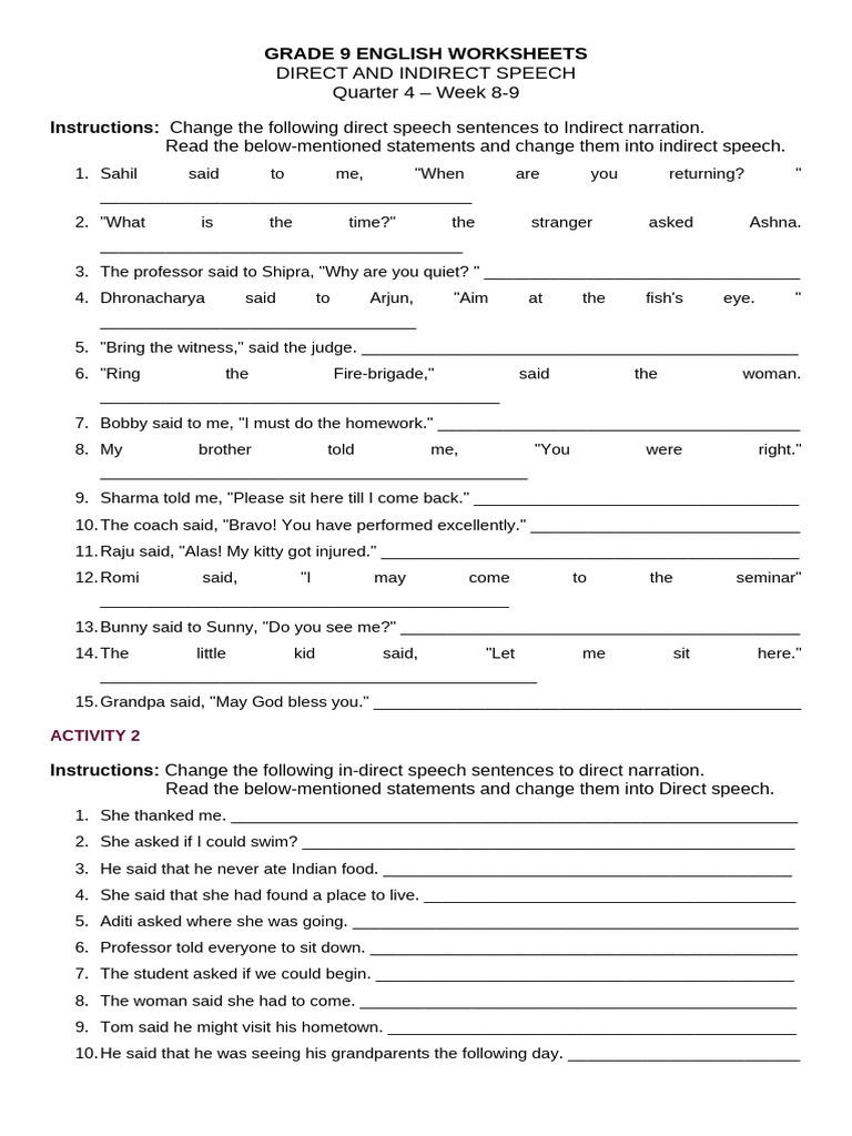 Direct and Indirect Speech Worksheet | PDF