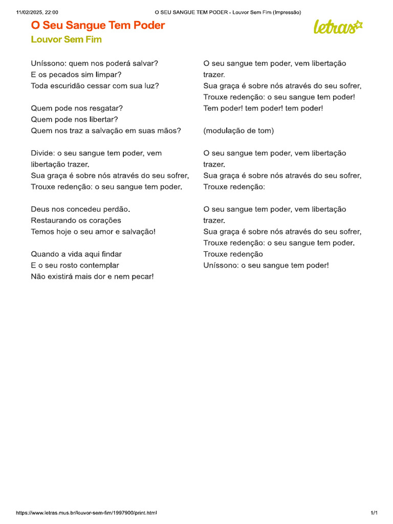 O Seu Sangue Tem Poder Letra | PDF