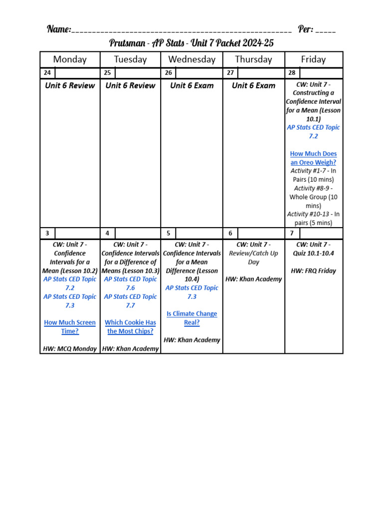 Prutsman - AP Stats - Unit 7 Calendar 2024-25 | PDF | Tests ...