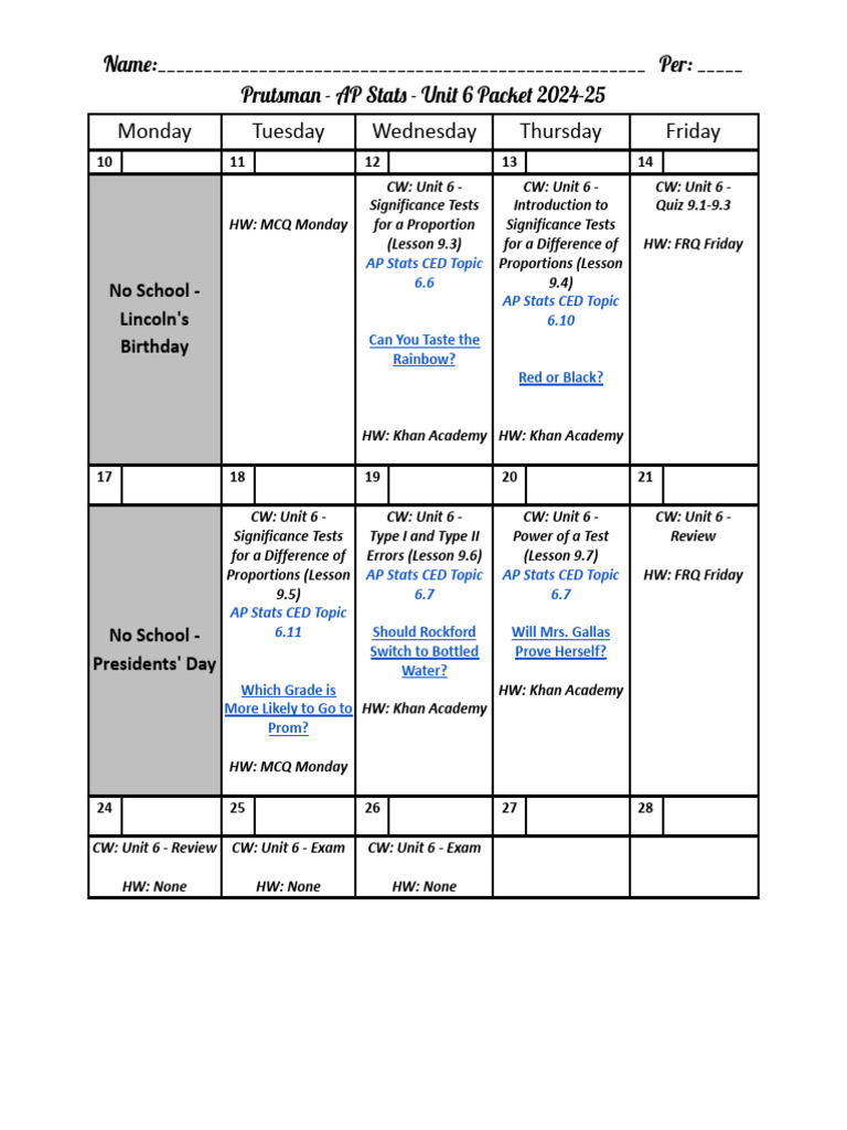 UPDATED Part 2 Prutsman - AP Stats - Unit 6 Calendar 2024-25 | PDF
