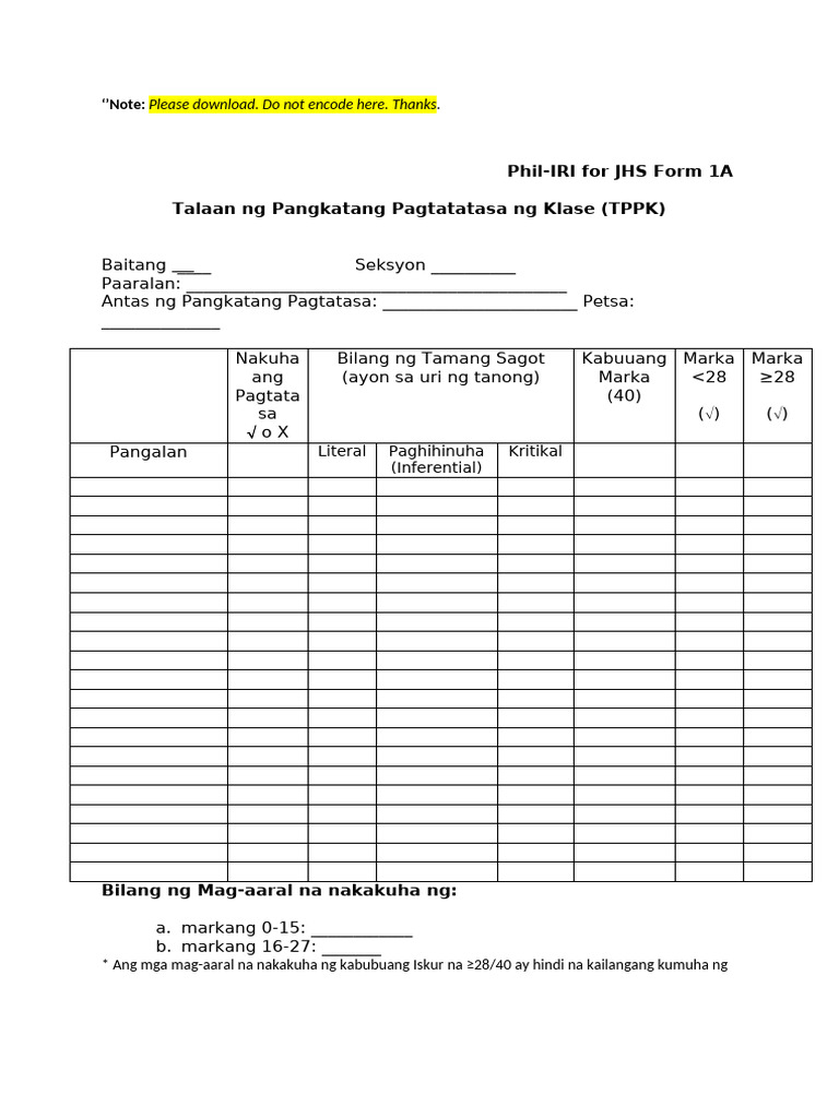 Phil IRI For JHS Form 1 | PDF