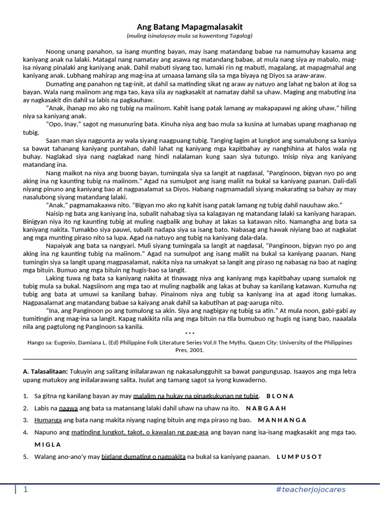 Ang Batang Mapagmalasakit Q2 Kwento Payak Maylapi Inuulit Tambalan | PDF