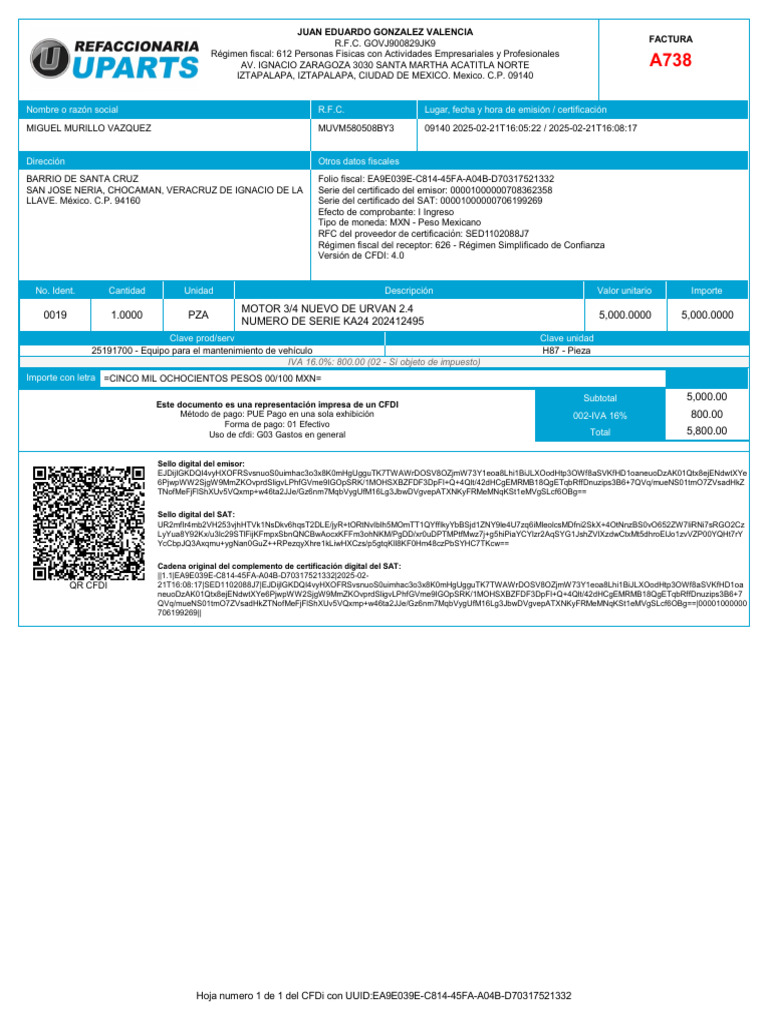 0019 1.0000 PZA Motor 3/4 Nuevo de Urvan 2.4 NUMERO DE SERIE KA24 202412495 5,000.0000 5,000. ...