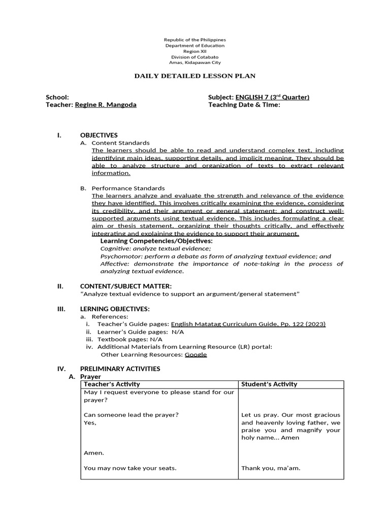 Analyzing Textual Evidence in English 7 | PDF | Argument | Learning