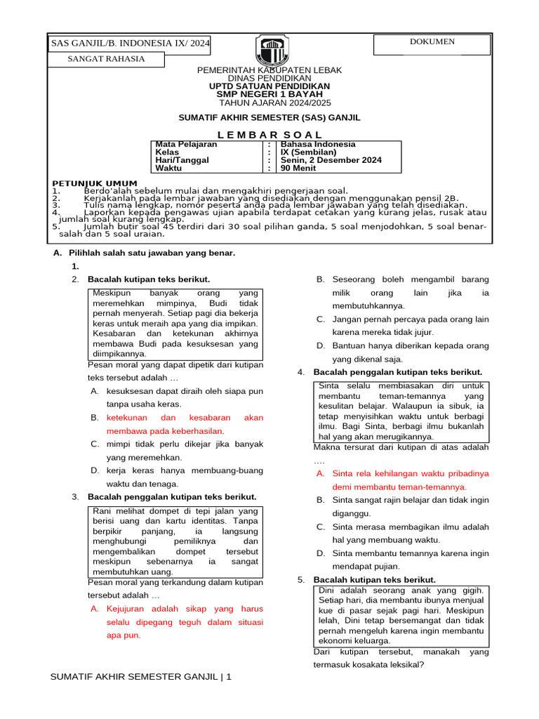 NASKAH SOAL SAS-Kelas 9 | PDF