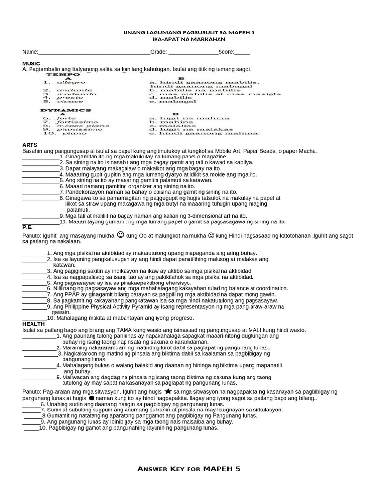 Mapeh Q4 First Quiz | PDF