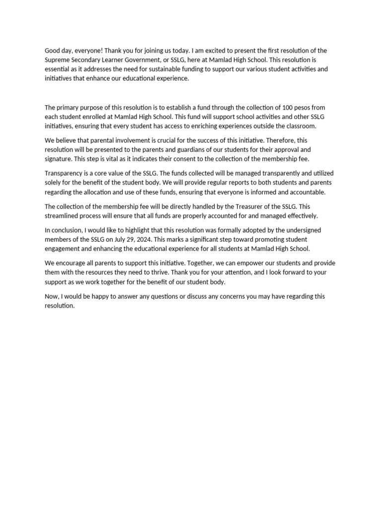 SSLG Resolution for Student Funding | PDF