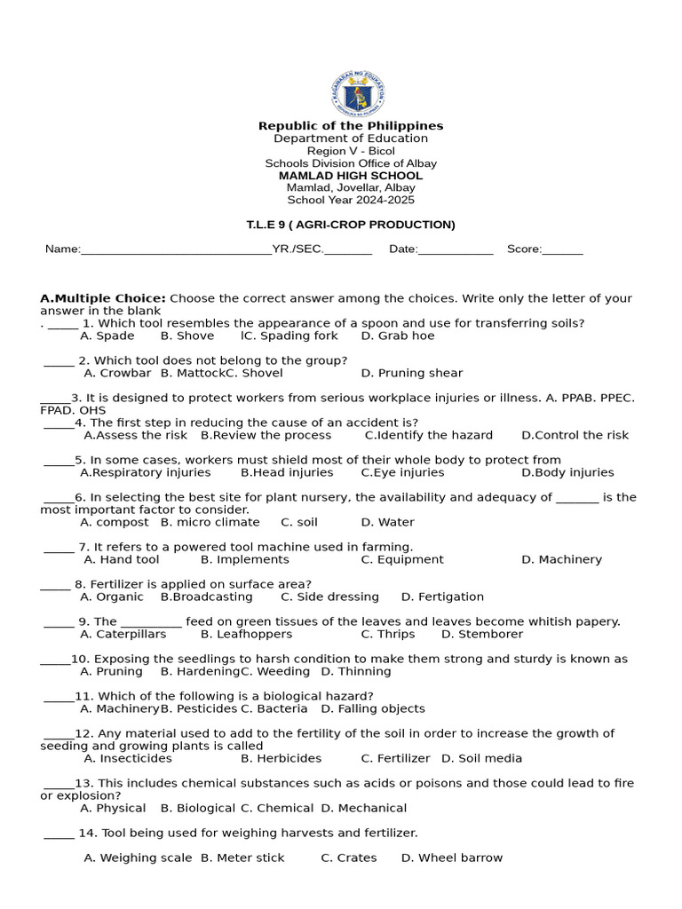 TLE 9 Agri-Crop Production Quiz | PDF | Horticulture | Botany