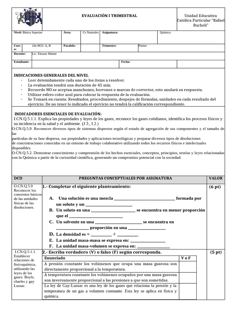 Evaluación Trimestral 2do BGU A, B Quimica | PDF | Cinética química | Ácido