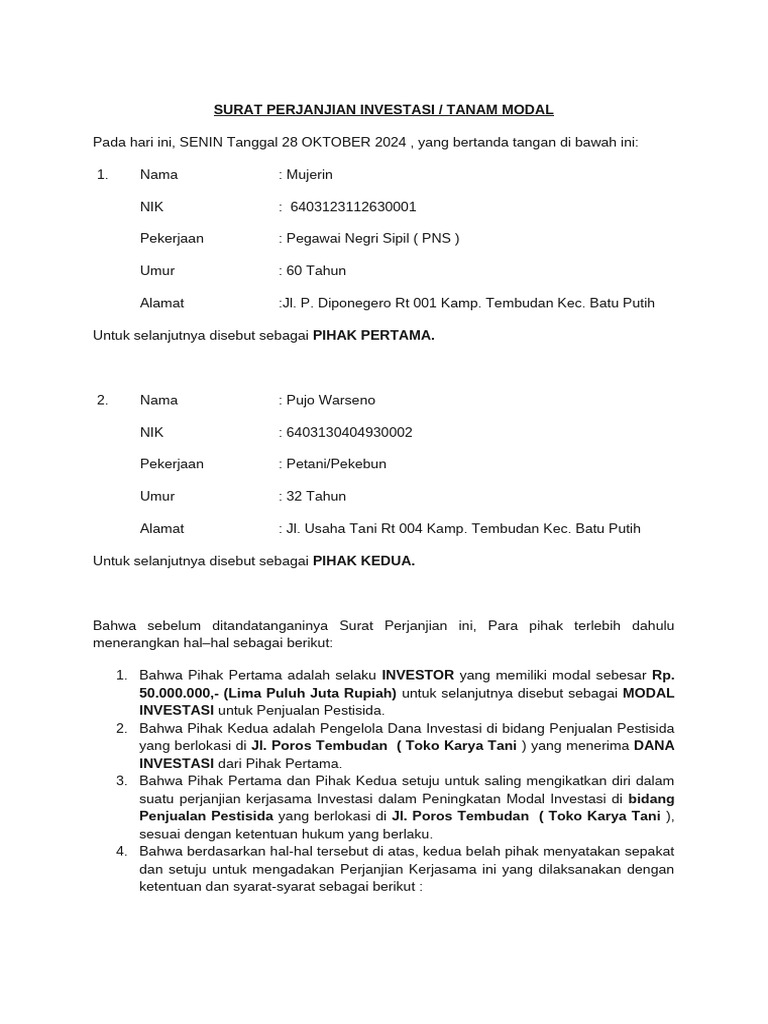 Perjanjian Investasi Penjualan Pestisida | PDF