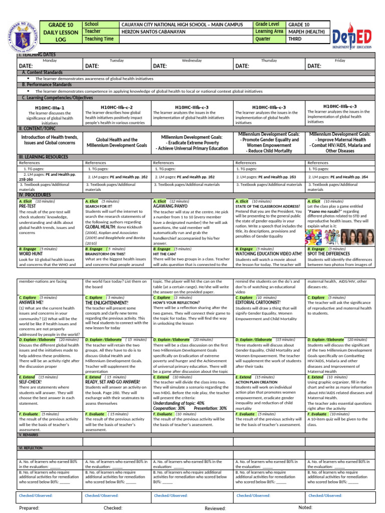 Global Health Education Lesson Plan | PDF | Millennium Development ...