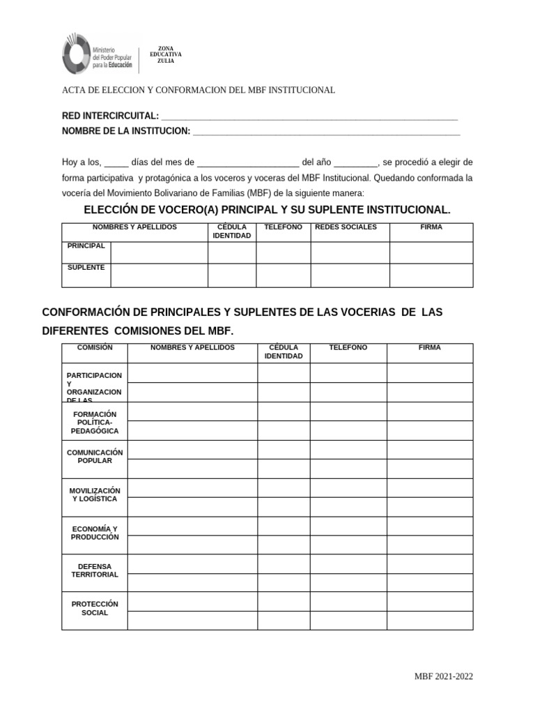 Acta de Eleccion y Conformacion de Los Voceros y Vo9ceras Del MBF Institucional. | PDF