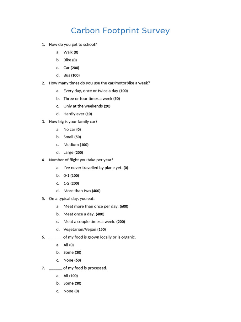 Carbon Footprint Quiz Printable | PDF