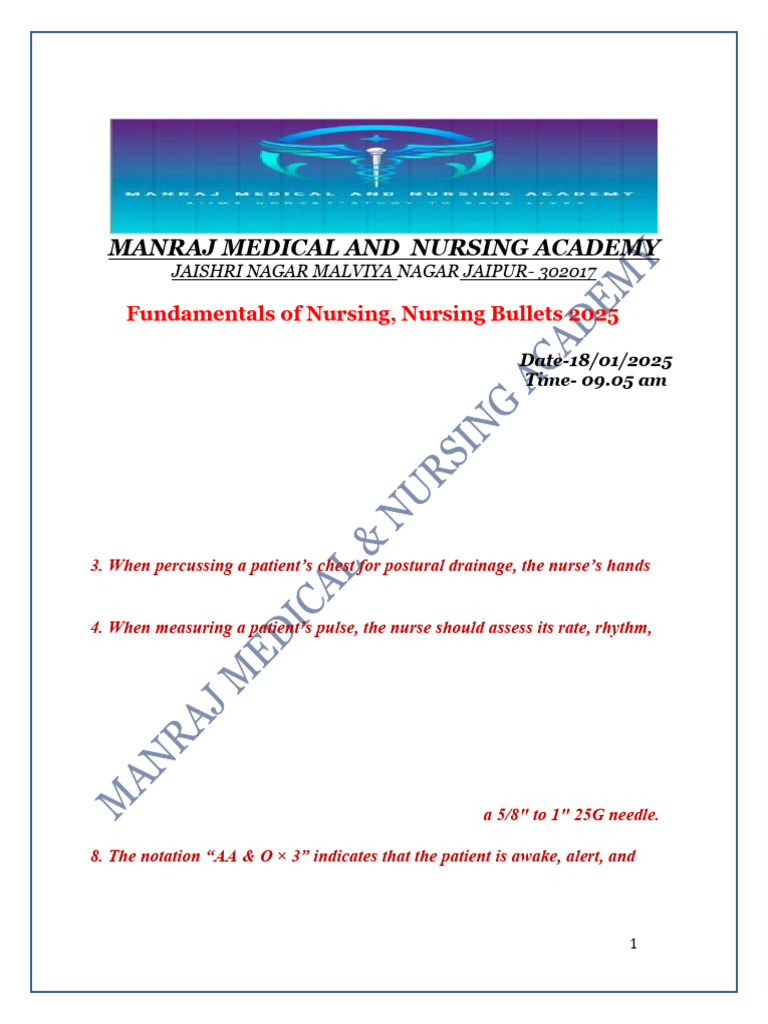 Fundamentals of Nursing, Nursing Bullets 18,01,2025 MANRAJ MEDICAL ...