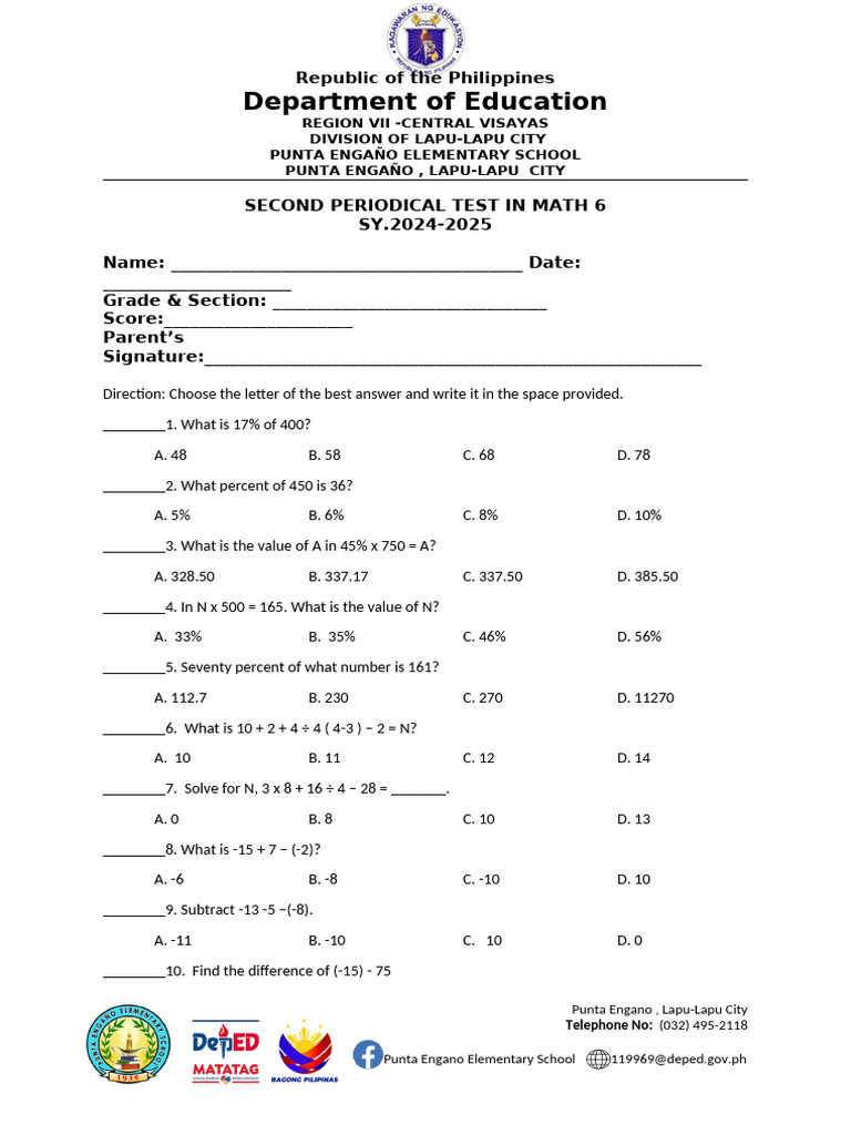 Second-Periodical-Test-In Math 6 | PDF | Ratio | Arithmetic