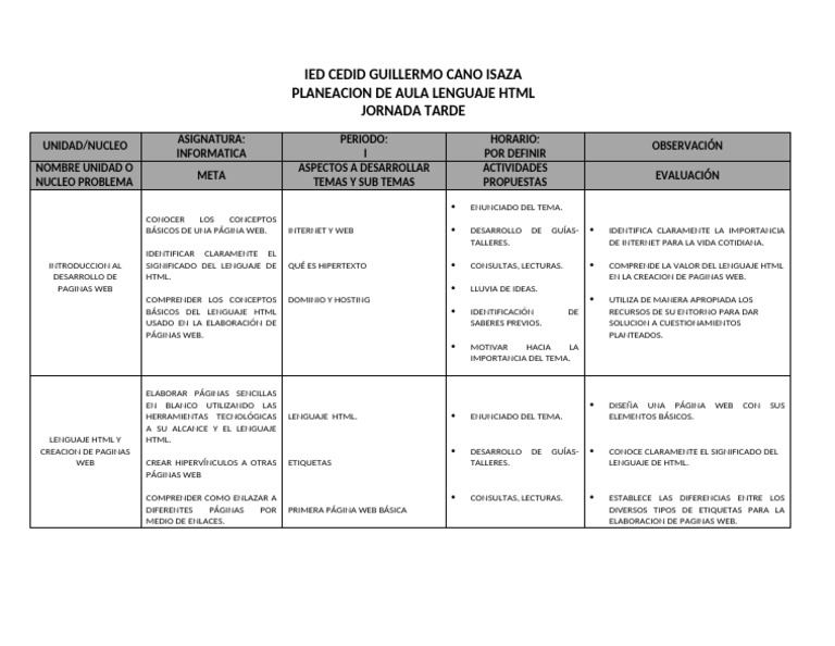 Plan de Aula HTML 1.1er Periodo | PDF | HTML | Red mundial