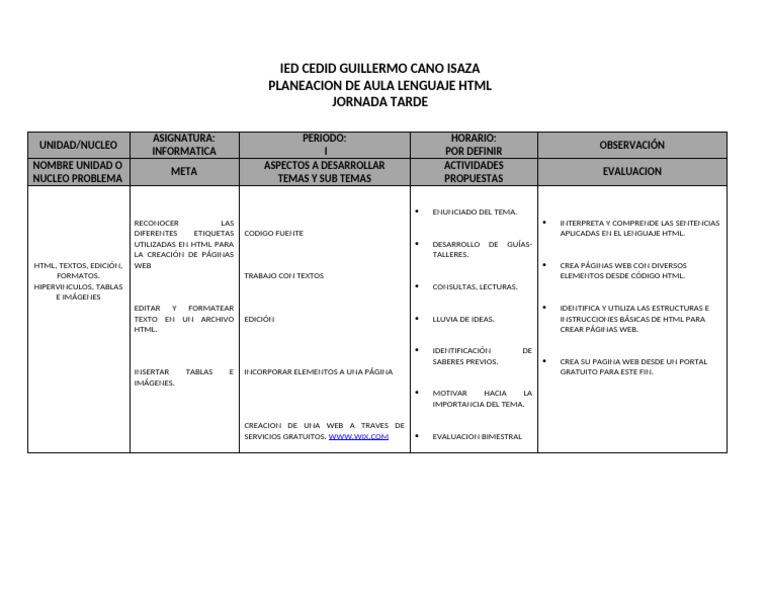 Planeación de Aula: HTML e Informática | PDF | HTML | Red mundial