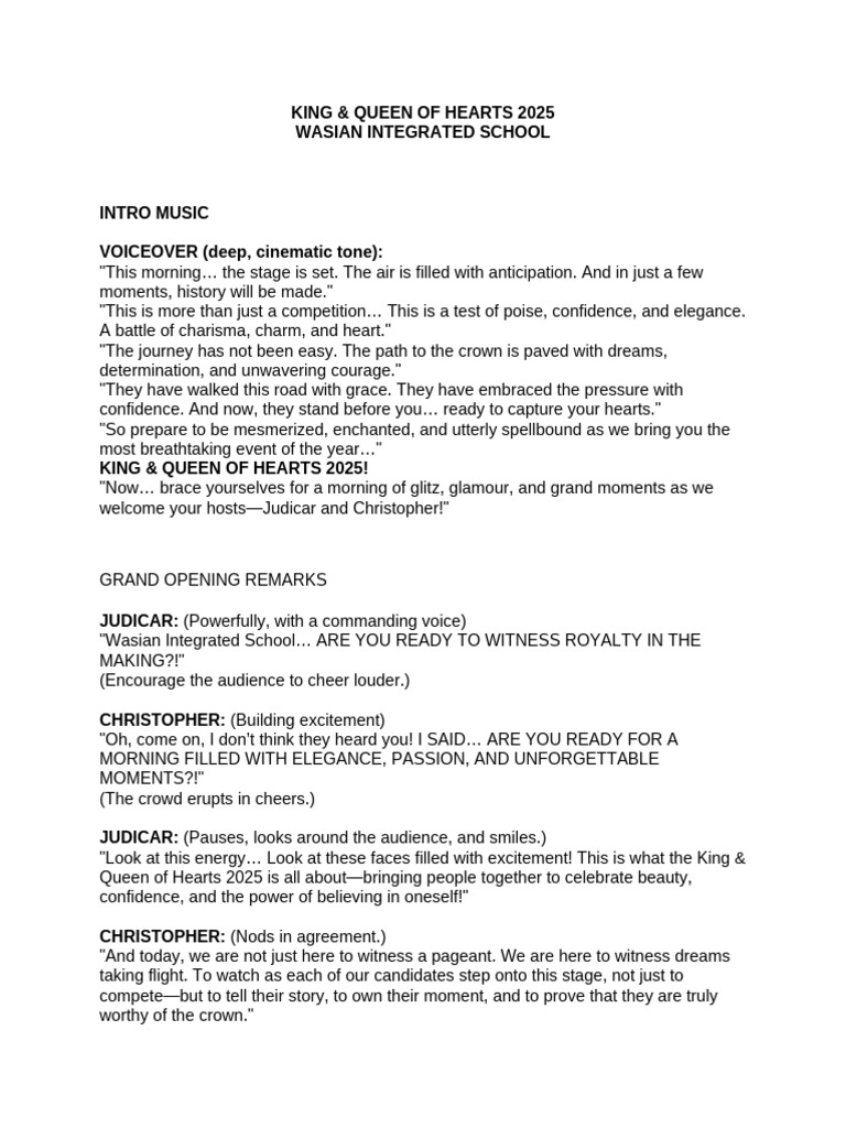 King and Queen of Hearts 2025 Emcee Script | PDF
