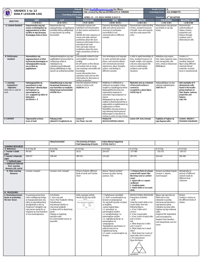 DLL - All Subjects 2 - Q4 - W3 - D2 | PDF