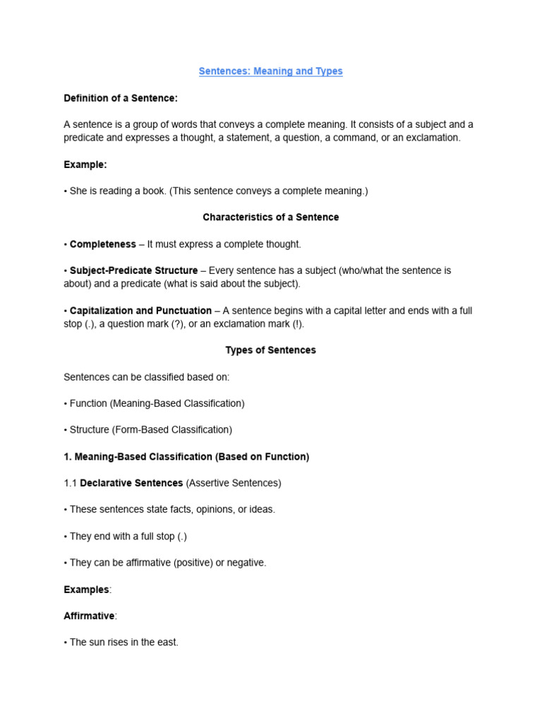Sentences- Meaning and Types | PDF | Sentence (Linguistics) | Question