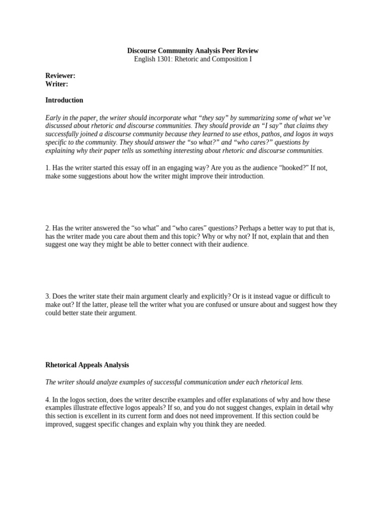 English 1301 - Discourse Community Analysis Peer Review-1 | PDF ...