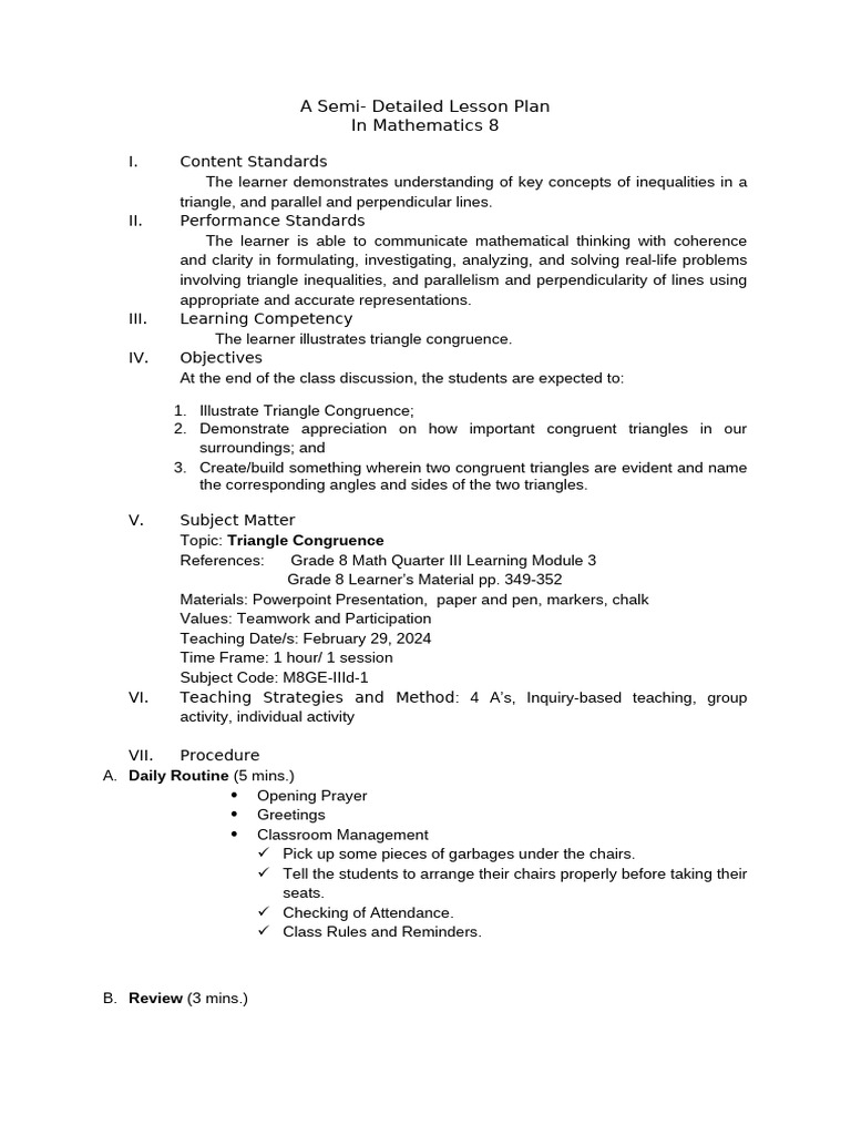 CO - Triangle Congruence Lesson Plan | PDF | Triangle | Euclidean Geometry
