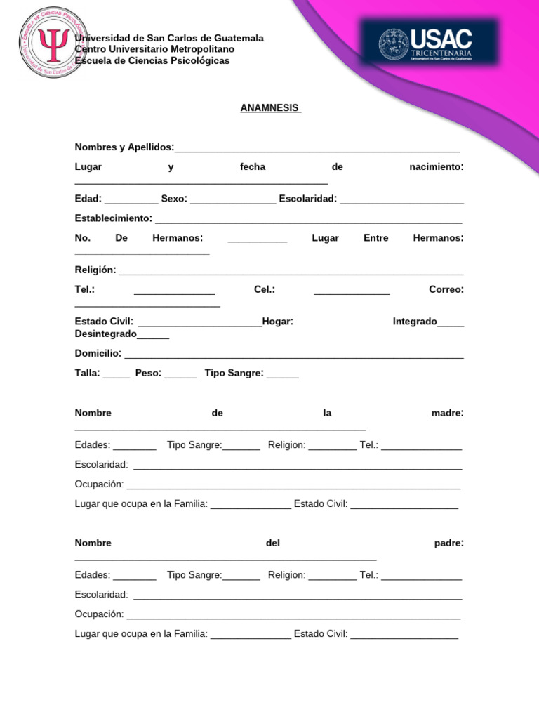 Formato Anamnesis | PDF | Parto | Sicología