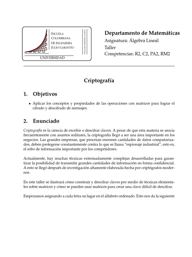 Taller Criptografia | PDF | Cifrado | Matriz (Matemáticas)