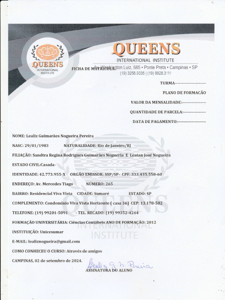 Ficha de Matricula Queens | PDF