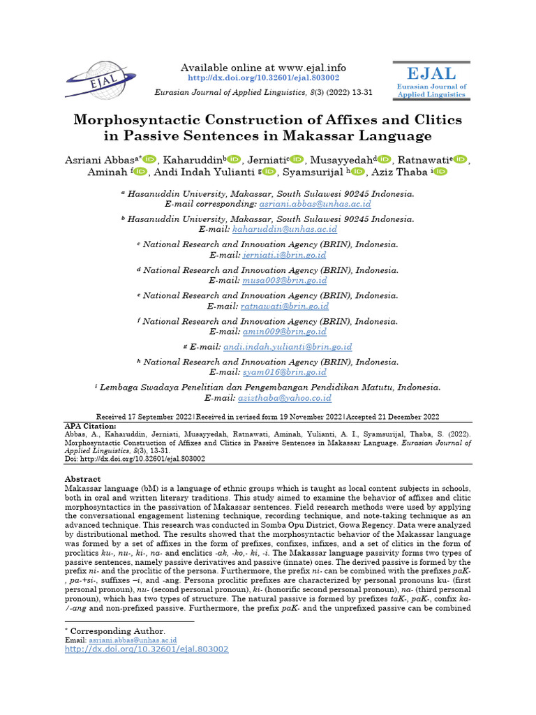 Morphosyntactic Construction of Affixes and Clitics in Passive Sentences in Makassar Language ...