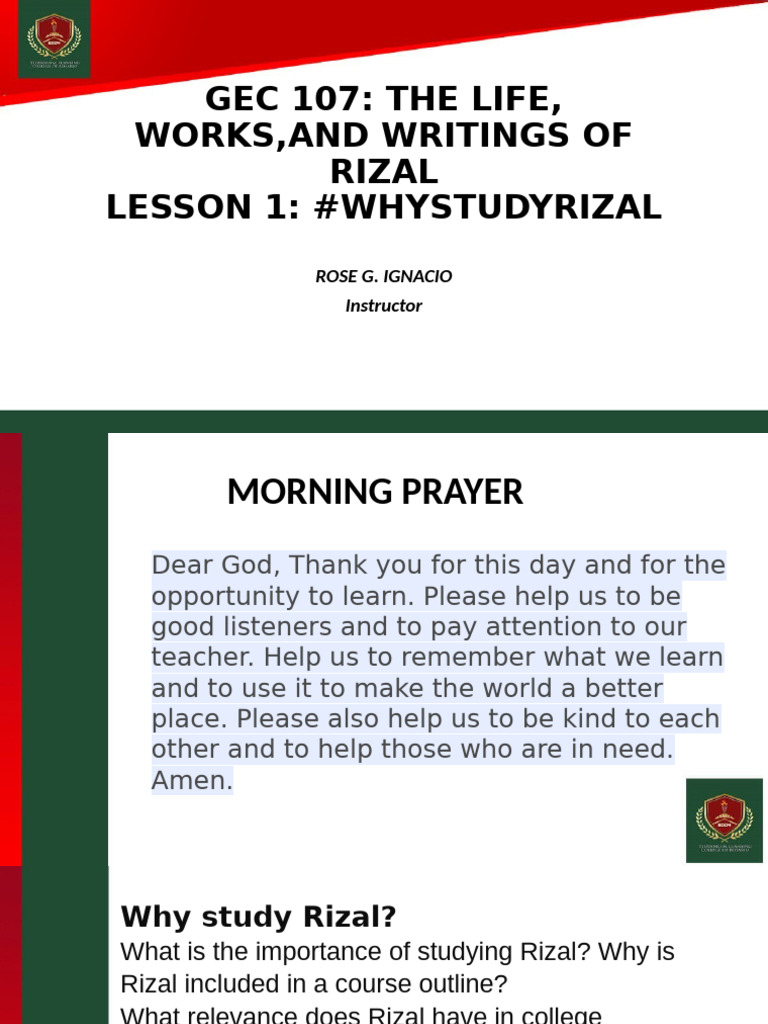 Gec 107. Lesson 1. Whystudyrizal | PDF