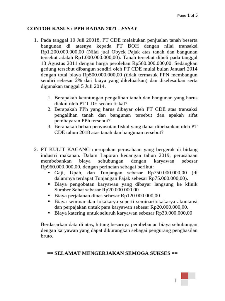 CONTOH KASUS FISKAL PPH BADAN 2021 & PENYELESAIANNYA - ESSAY - UU HPP | PDF
